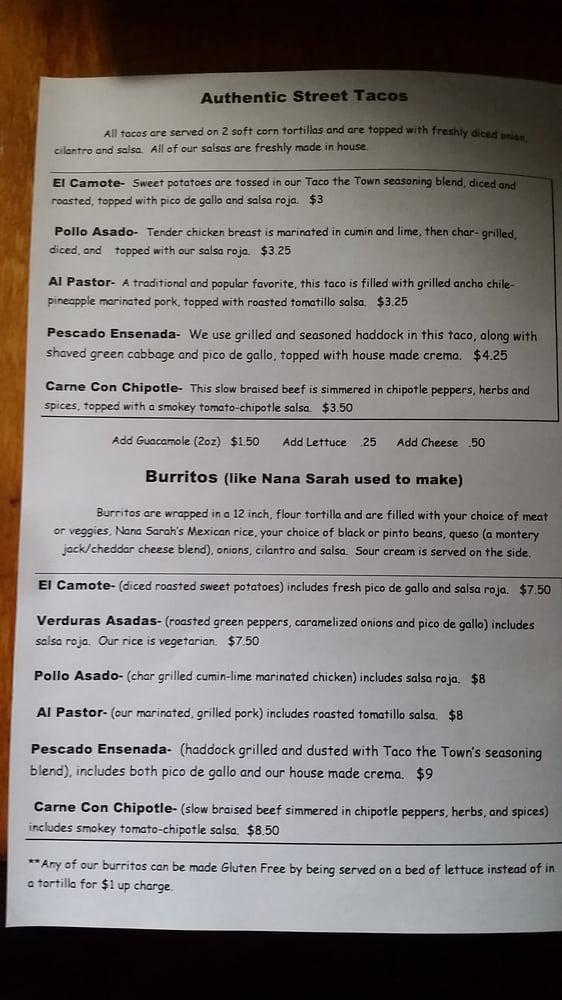 Menu at Taco the town restaurant, Brunswick, 205 Main St