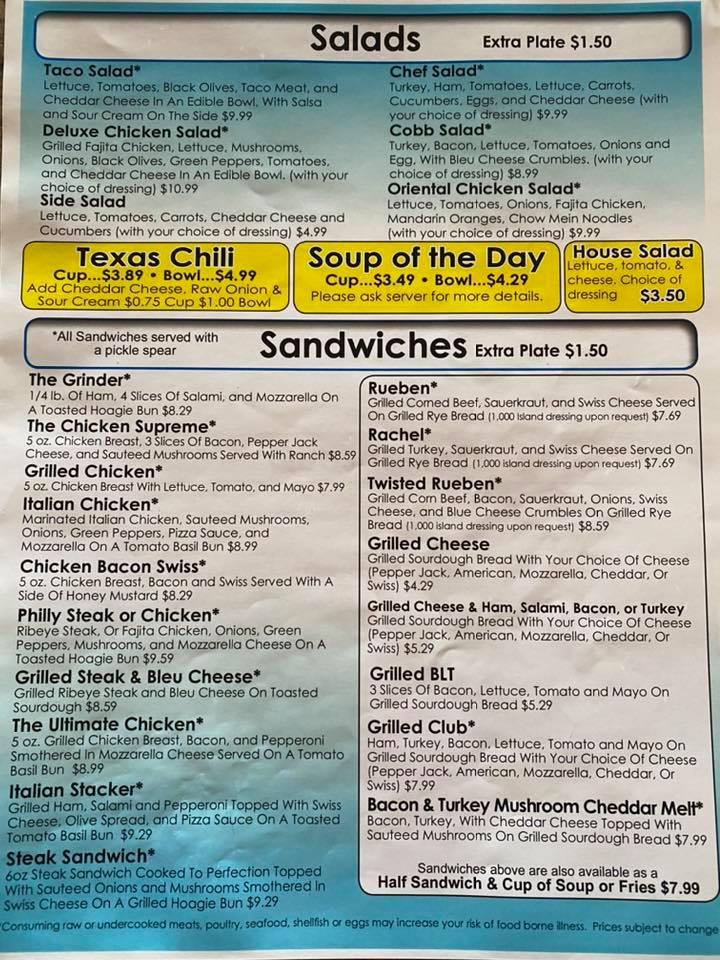 Menu at The Penguin Again pizzeria, Oconto Falls
