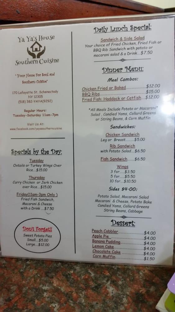 Menu at Ya Ya's House Southern Cuisine restaurant, Schenectady, 135 ...