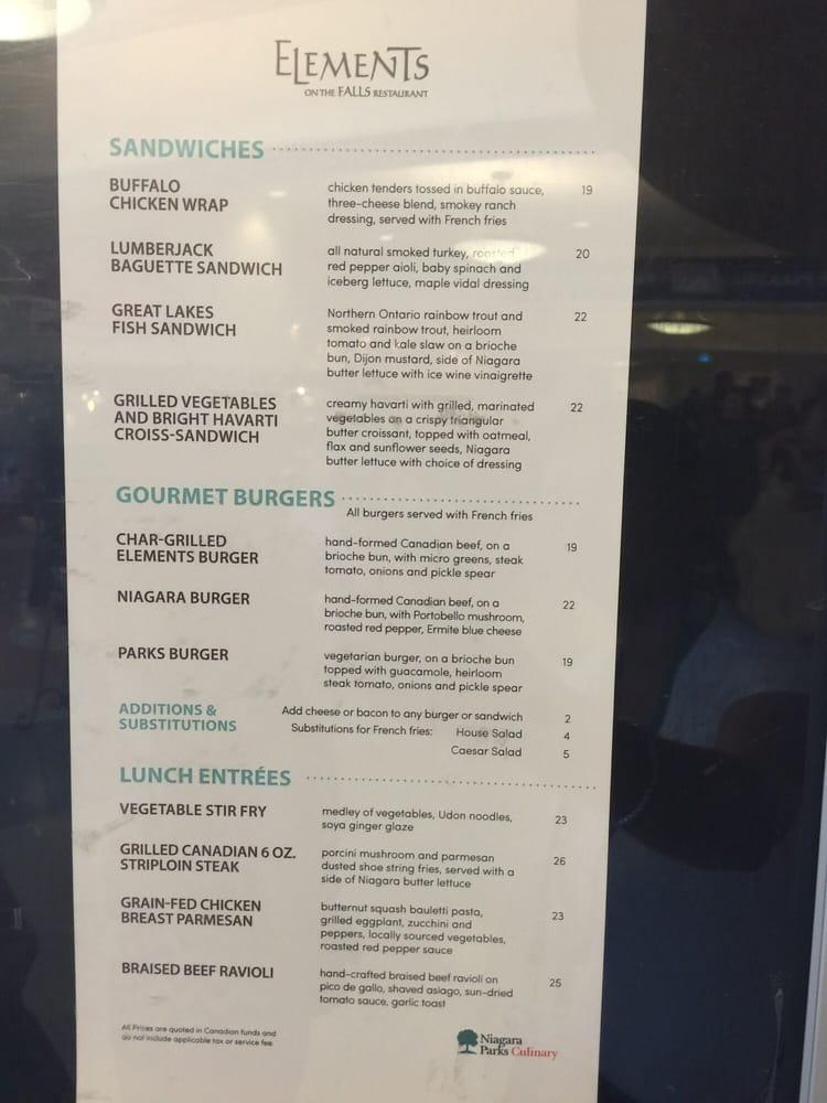 Menu at Elements on the Falls restaurant, Niagara Falls