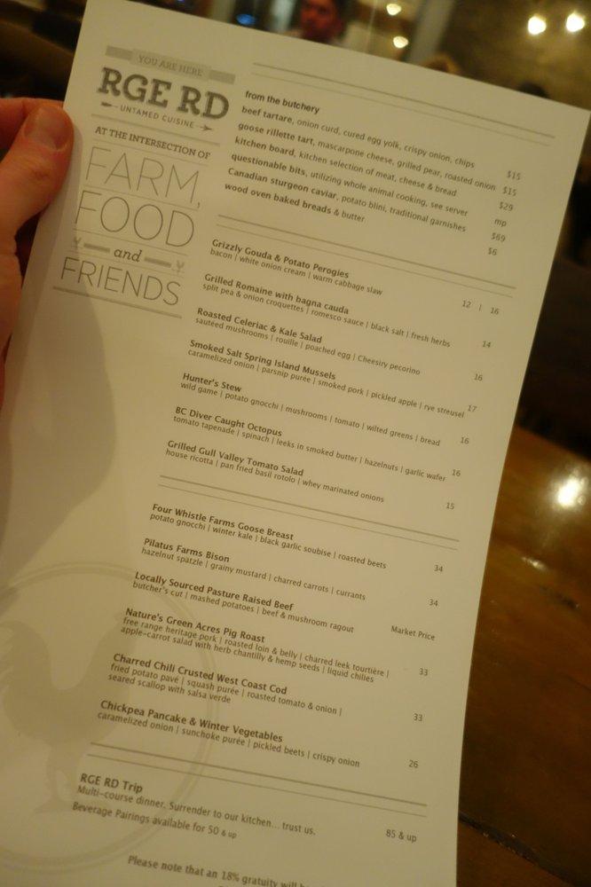 Menu at Rge Rd restaurant, Edmonton