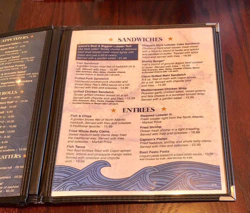 Menu at The Seafood Shanty restaurant, Edgartown