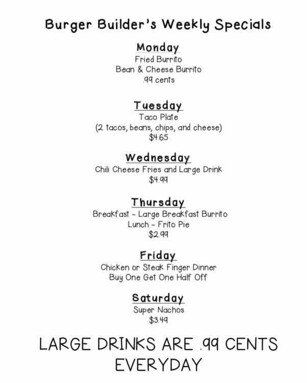 Menu at Burger Builders pizzeria, Lovington