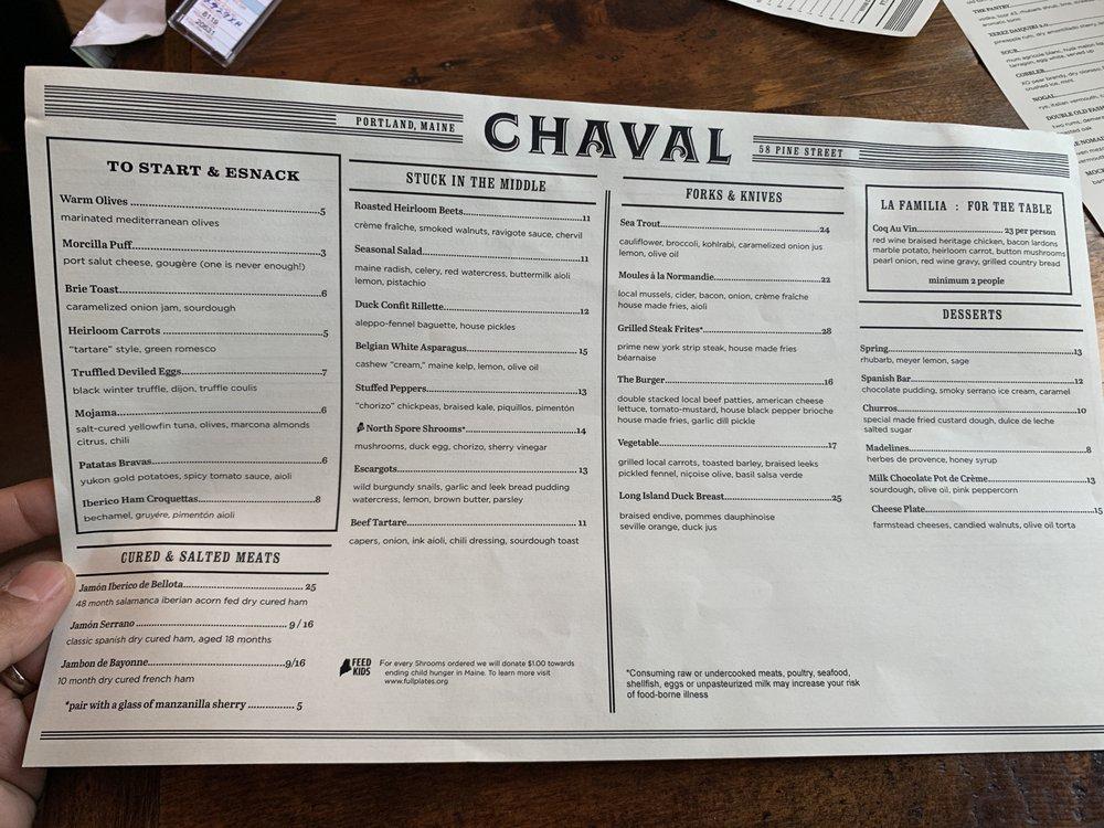 Menu at Chaval pub & bar, Portland
