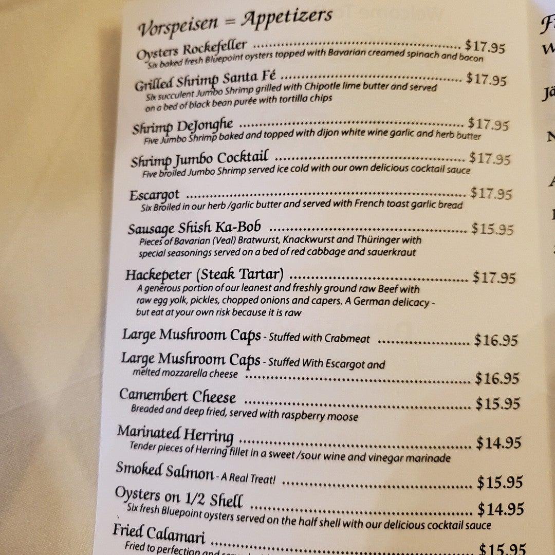 Menu at Chef Klaus' Bier Stube restaurant, Frankfort