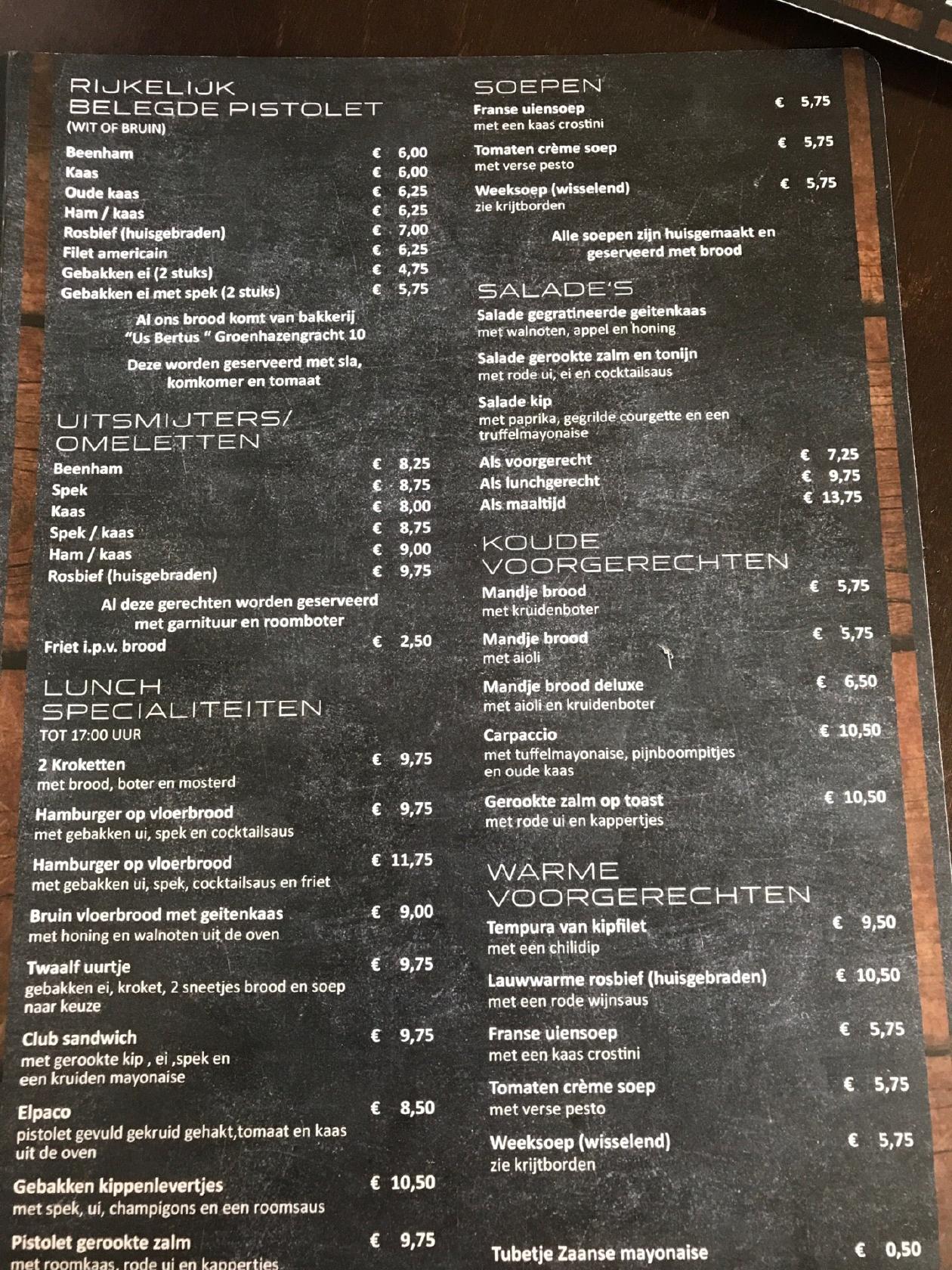 Menu at De Bruine Boon, Leiden, Stationsweg 1