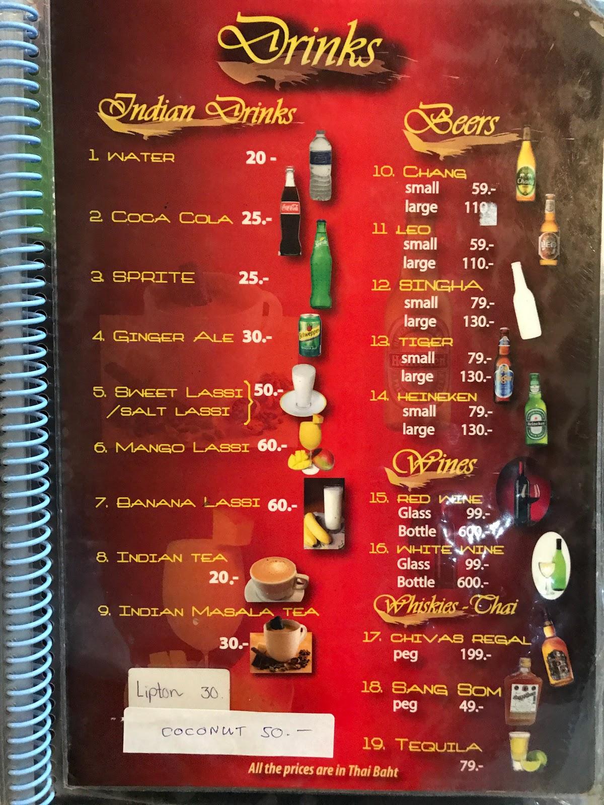 Menu at Grill of India restaurant, Chiang Mai