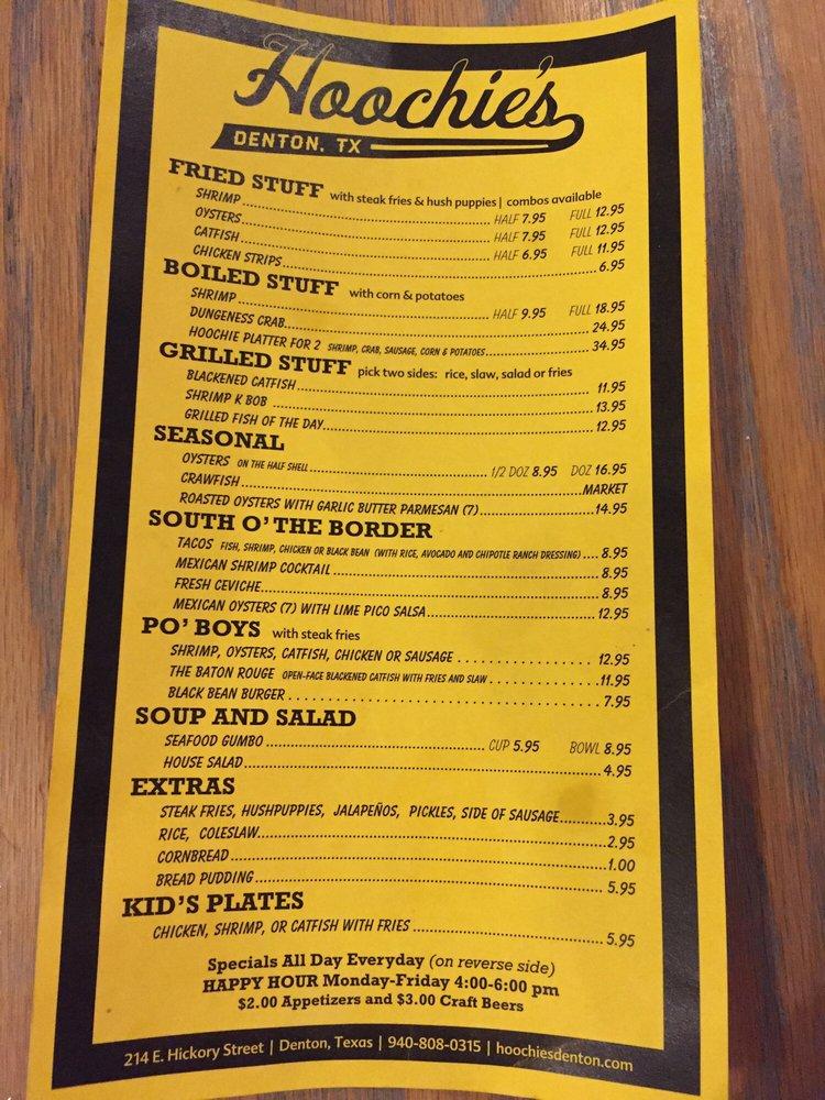 Menu at Hoochies restaurant, Denton, 214 E Hickory St