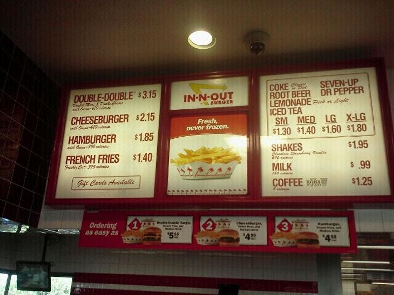 Menu at In-N-Out Burger fast food, Thousand Palms