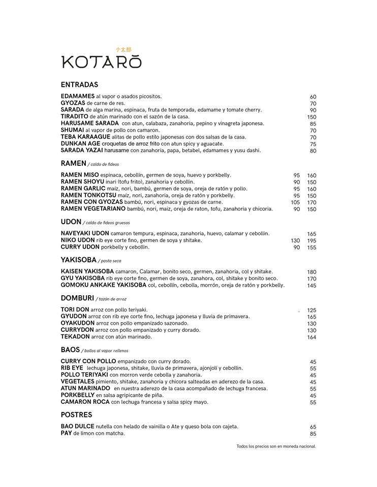 Menu at Kotaro restaurant, Cancún
