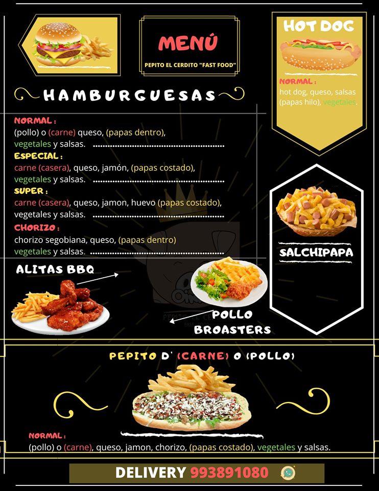 Menu at Pepito el cerdito fast food, Ica