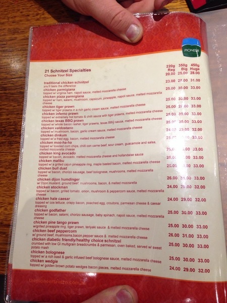 Menu at Pioneer Tavern restaurant, South Penrith