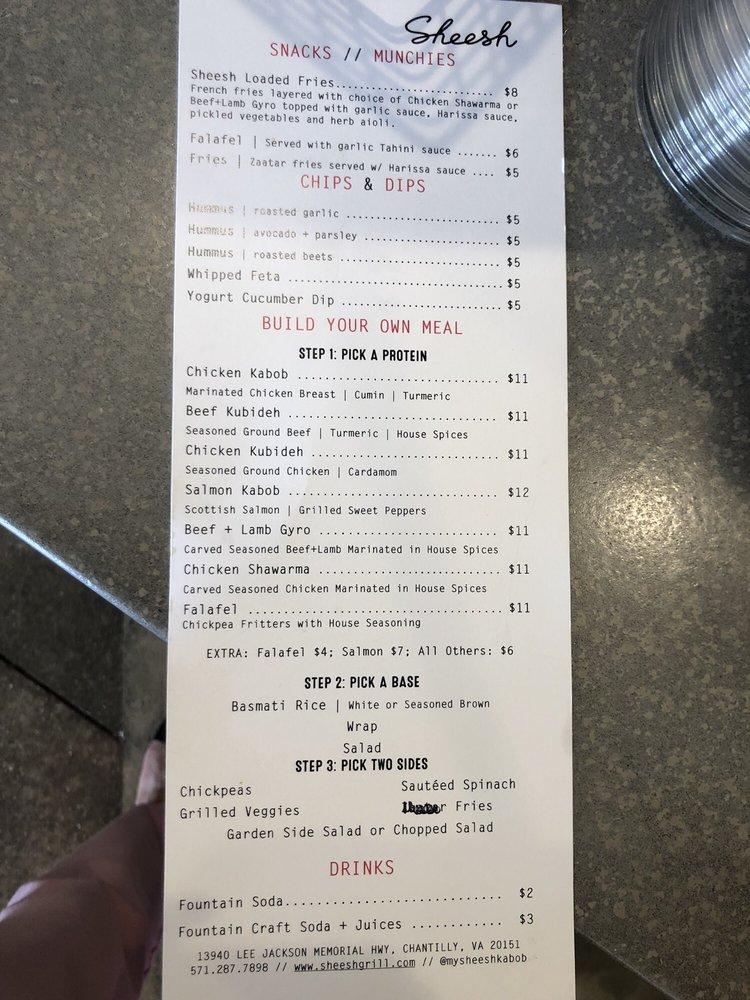 Menu at Sheesh restaurant, Chantilly