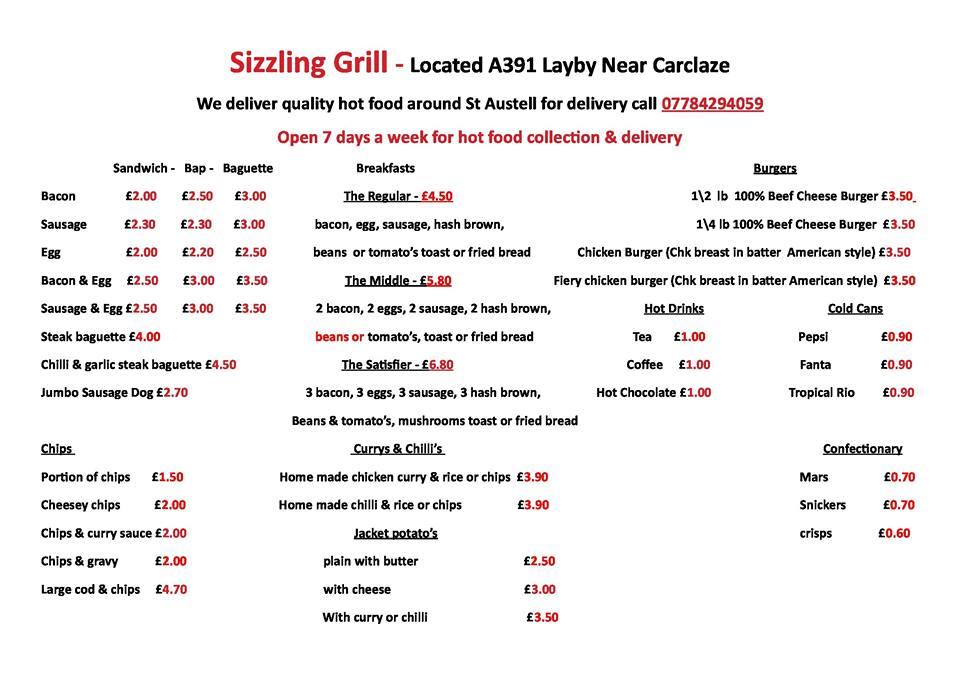 Menu at Sizzling Grill restaurant, Saint Austell