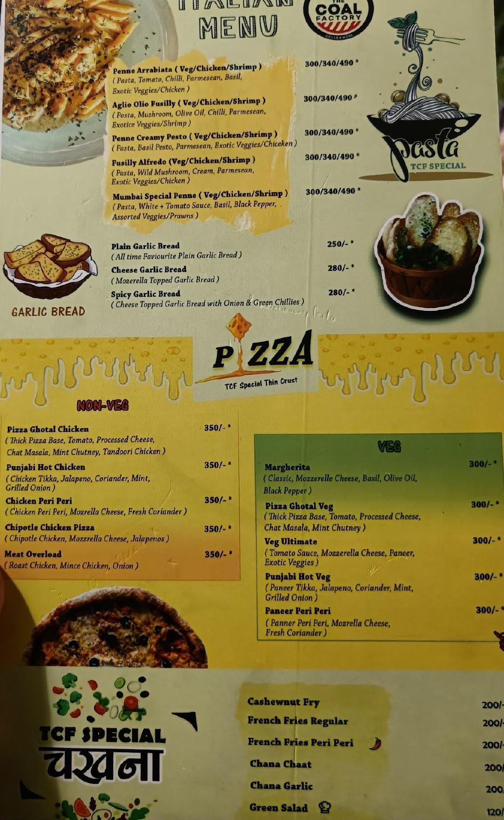Menu at The Coal Factory, Bhilai