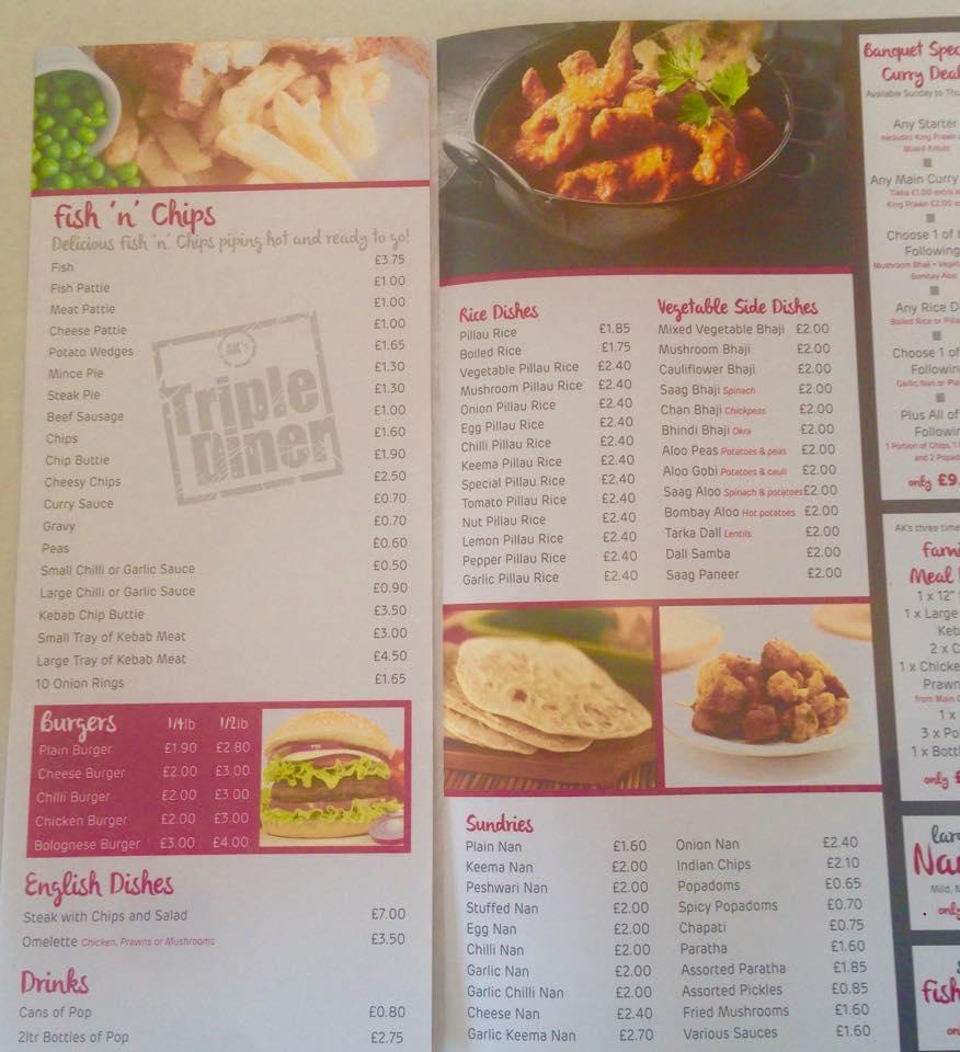 Menu at A K'S Triple Diner fast food, South Shields