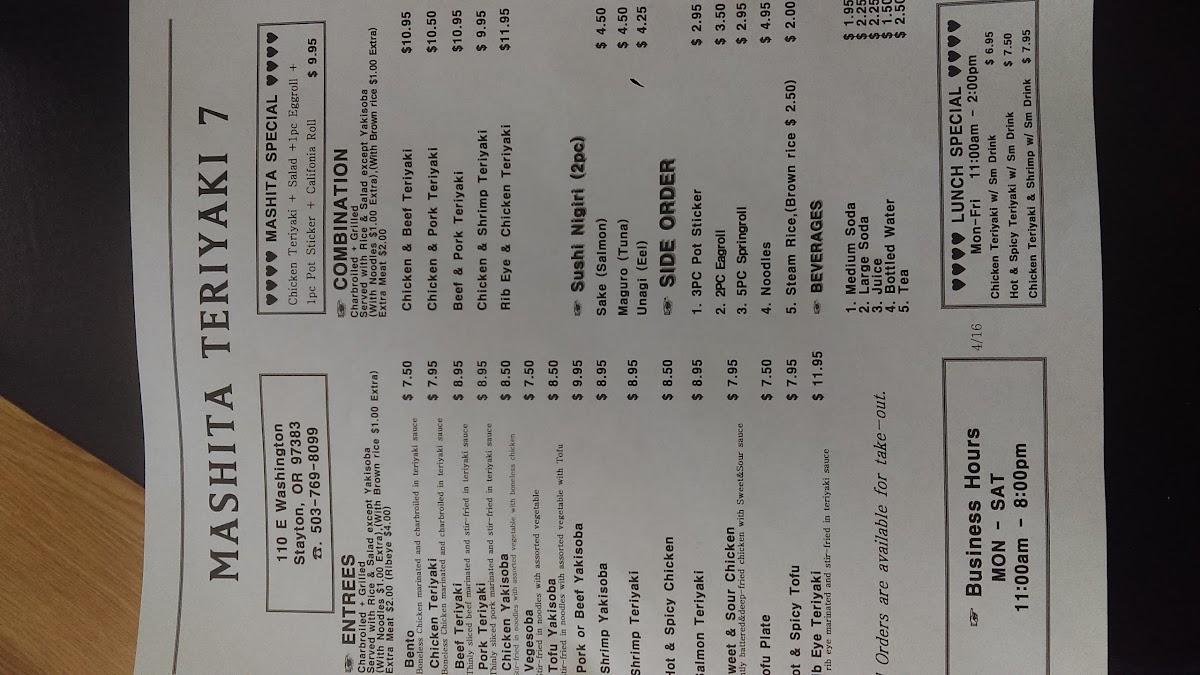 Menu at Mashita Teriyaki Restaurant, Stayton