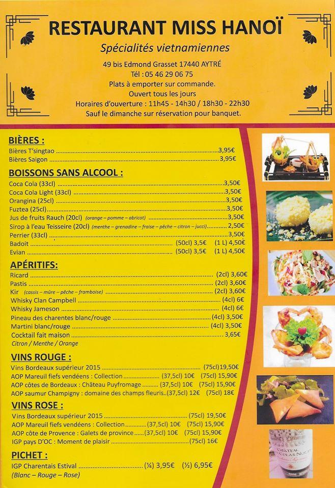 Menu at Miss hanoi restaurant, Aytré