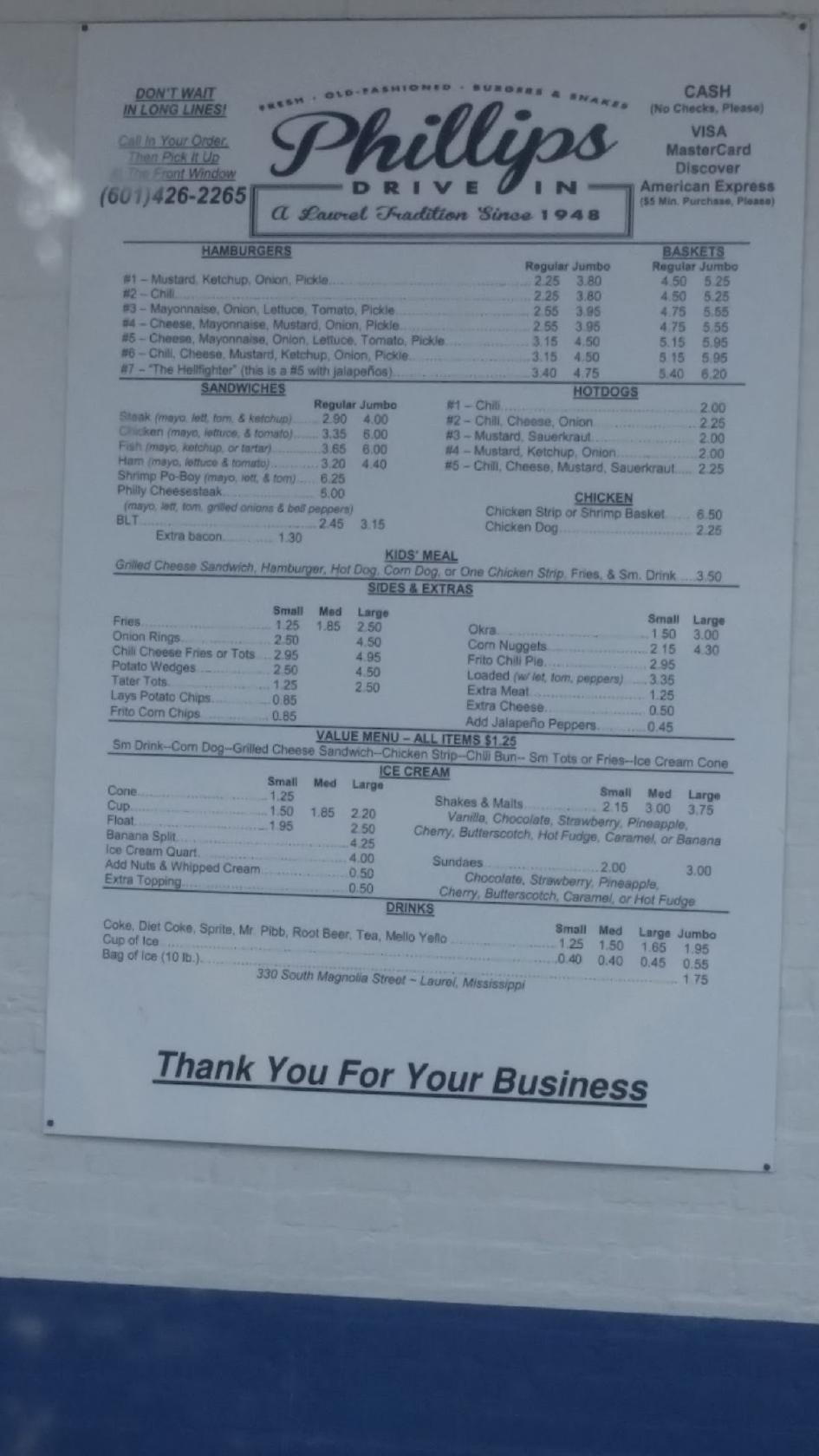 Menu at Phillips Drive-In restaurant, Laurel