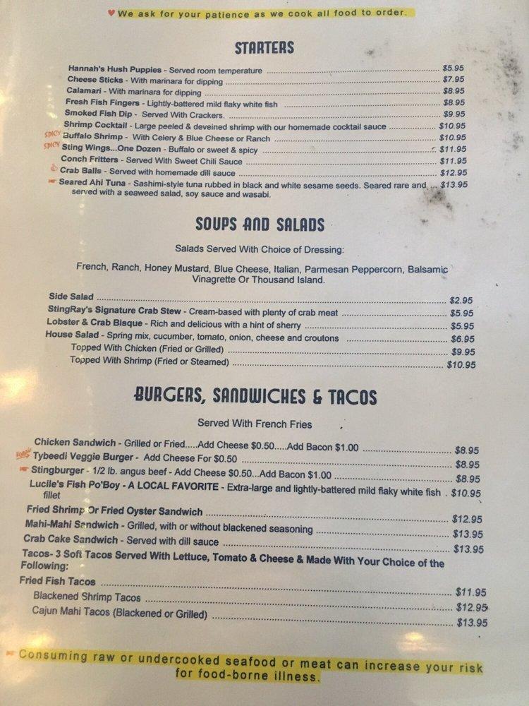 Menu at Sting Ray's Seafood pub & bar, Tybee Island