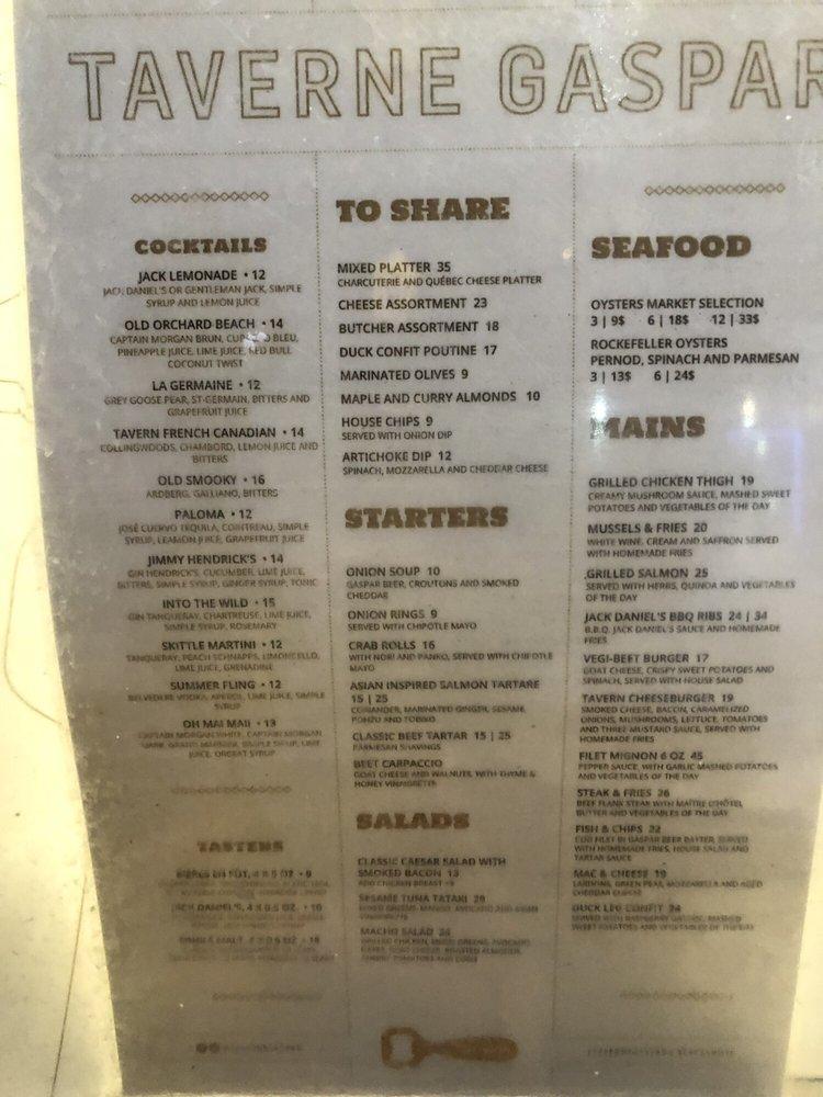 Menu at Gaspar Brasserie Française restaurant, Montréal