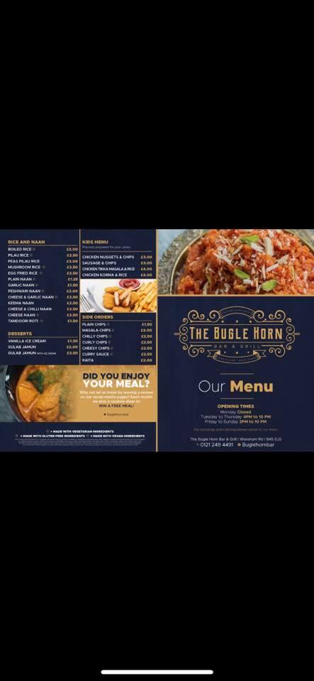 Menu at The Bugle Horn pub & bar, Birmingham