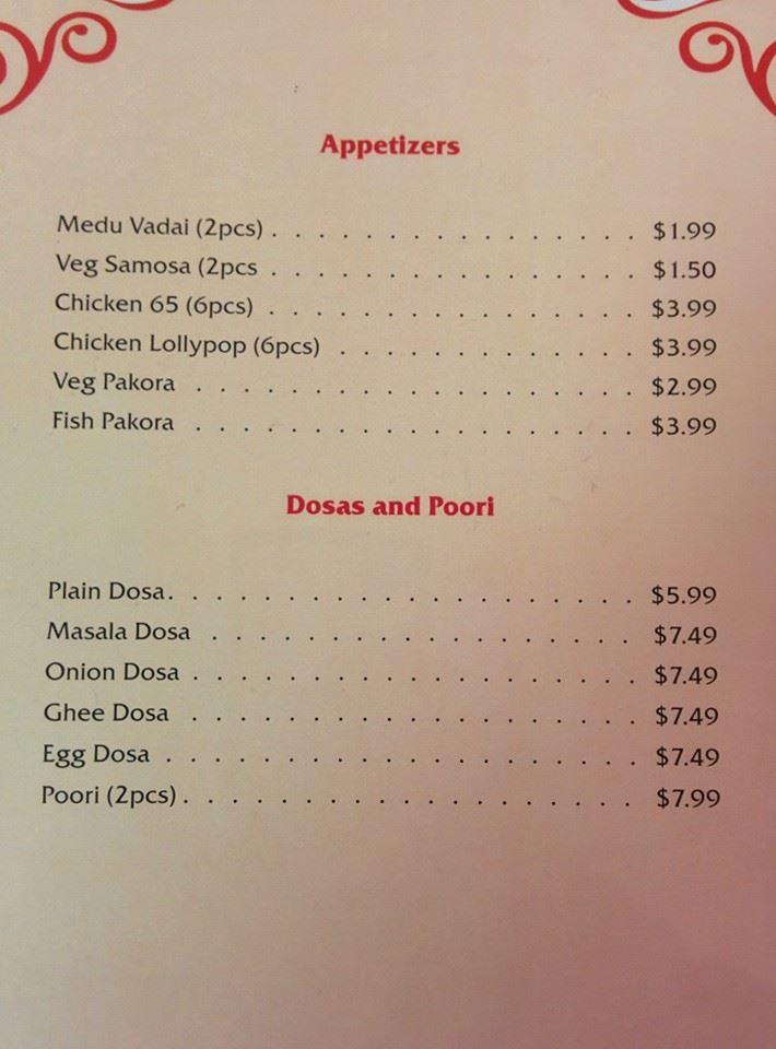 Menu at 7th taste (Ananda Bhavan) restaurant, Vancouver