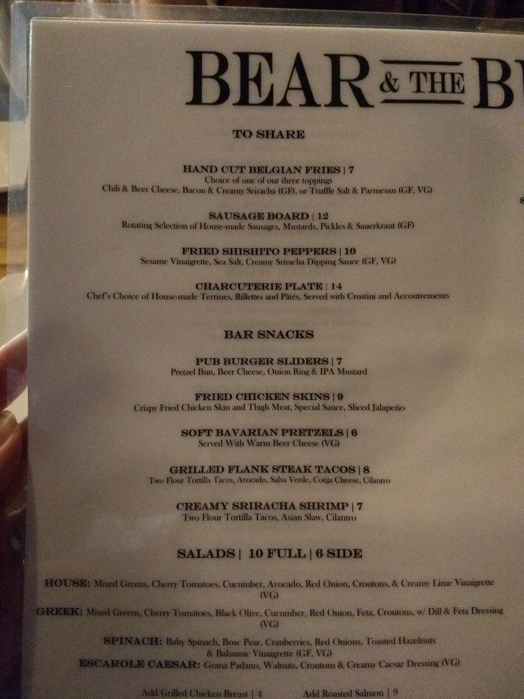 Menu at Bear & The Butcher restaurant, Lexington