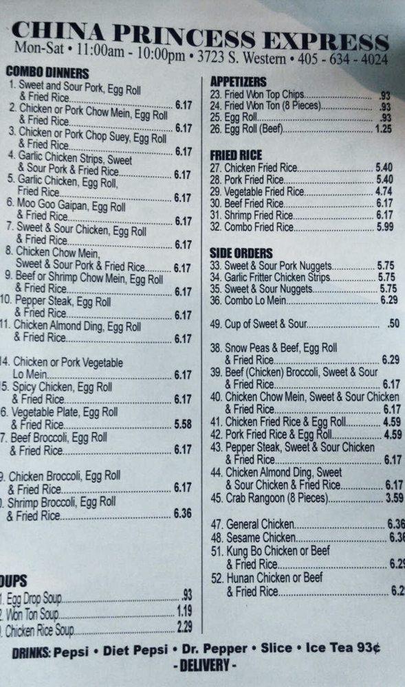Menu at China Princess restaurant, Oklahoma City, S Western Ave