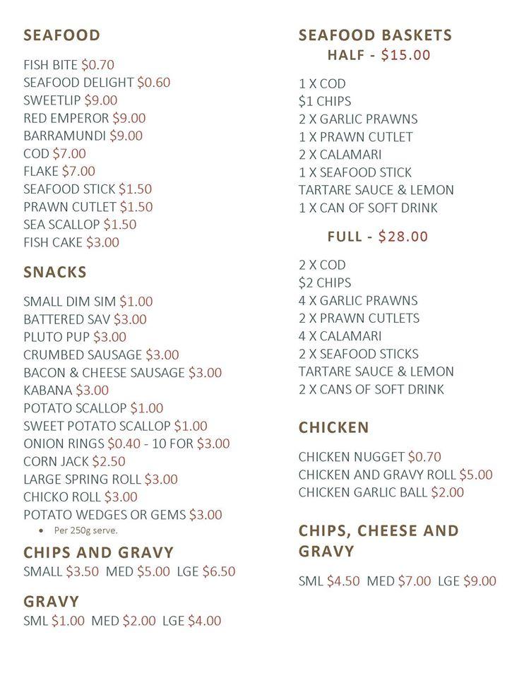 Menu at FLIPPERS FISH & CHIPS fast food, Bundaberg Central