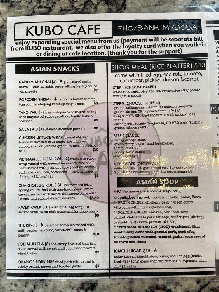 Menu at Kubo Cafe, Fort Lauderdale