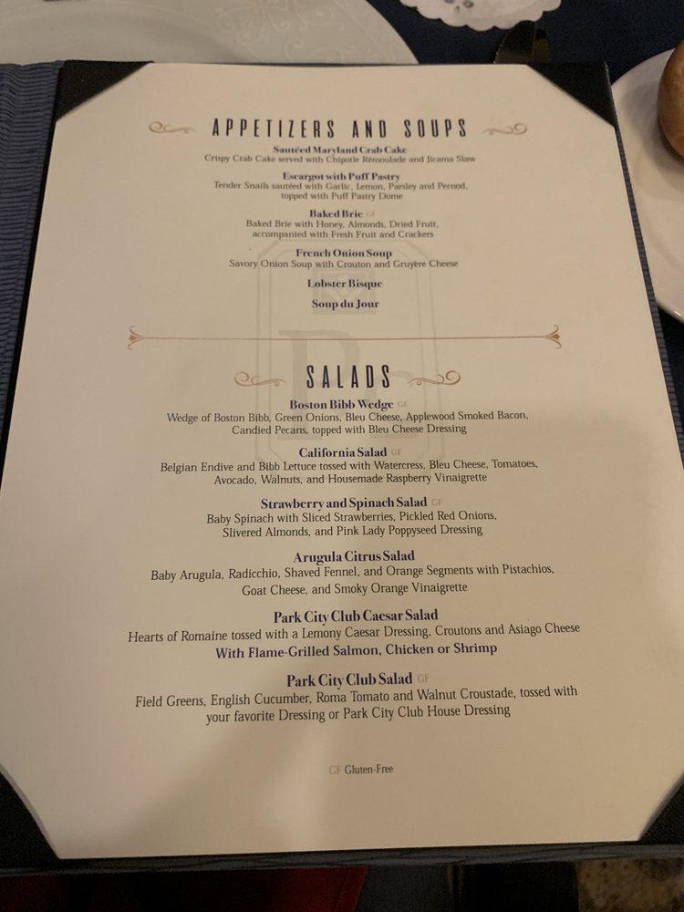 Menu at Park City Club, Dallas