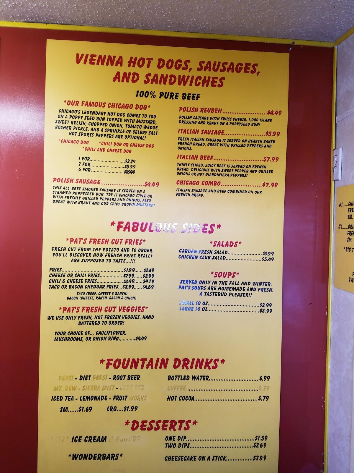 Menu at Pat's Chicago Dogs fast food, Syracuse