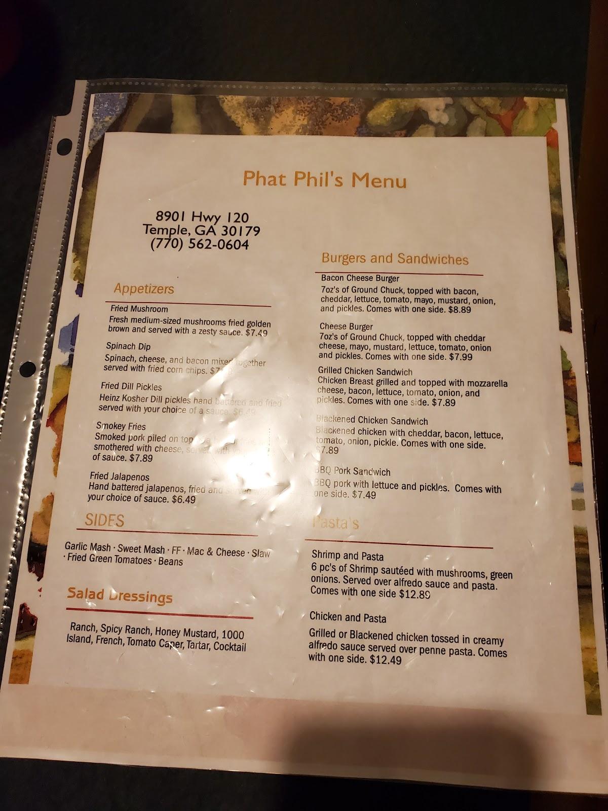 Menu at Phat Phil's restaurant, USA, GA-120