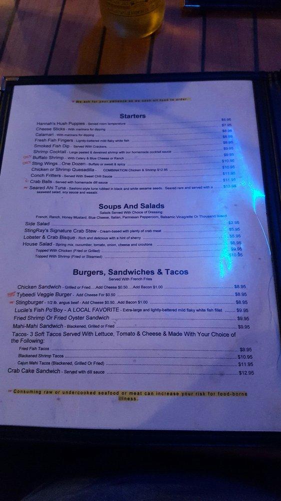 Menu at Sting Ray's Seafood pub & bar, Tybee Island