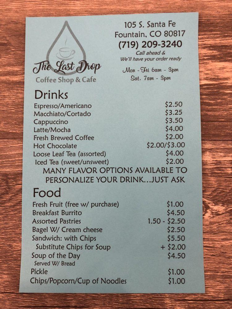 Menu at Last Drop Coffee Shop & Cafe, Fountain
