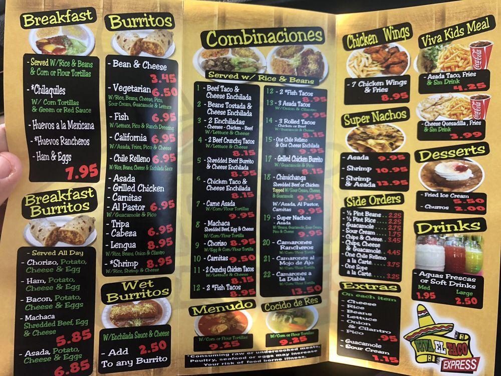 Menu at Viva El Taco Express restaurant, Las Vegas, S Maryland Pkwy # B