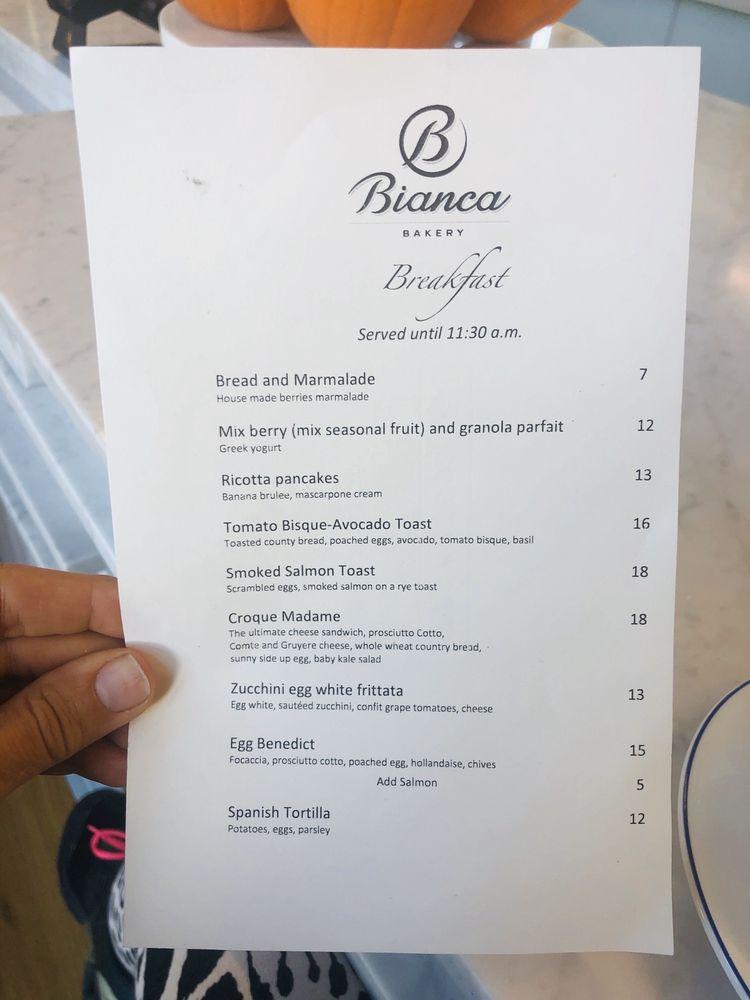 Carta del restaurante Bianca, Culver City