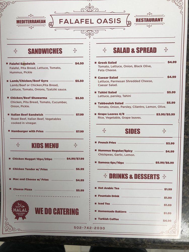 Menu at Falafel Oasis restaurant, Louisville, 226 W Broadway