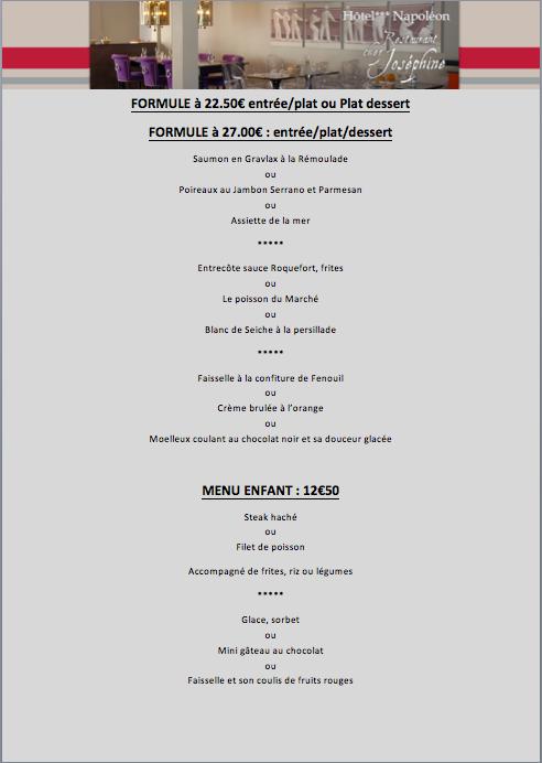 Menu au Hôtel Napoléon restaurant, Île-d'Aix