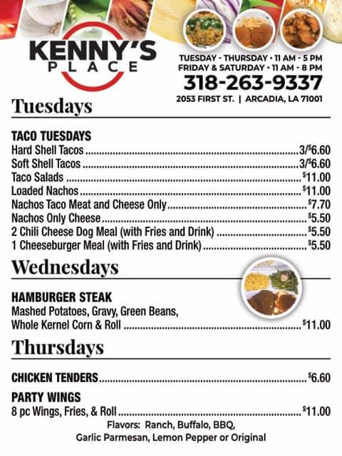 Menu at Kenny's Place restaurant, Arcadia