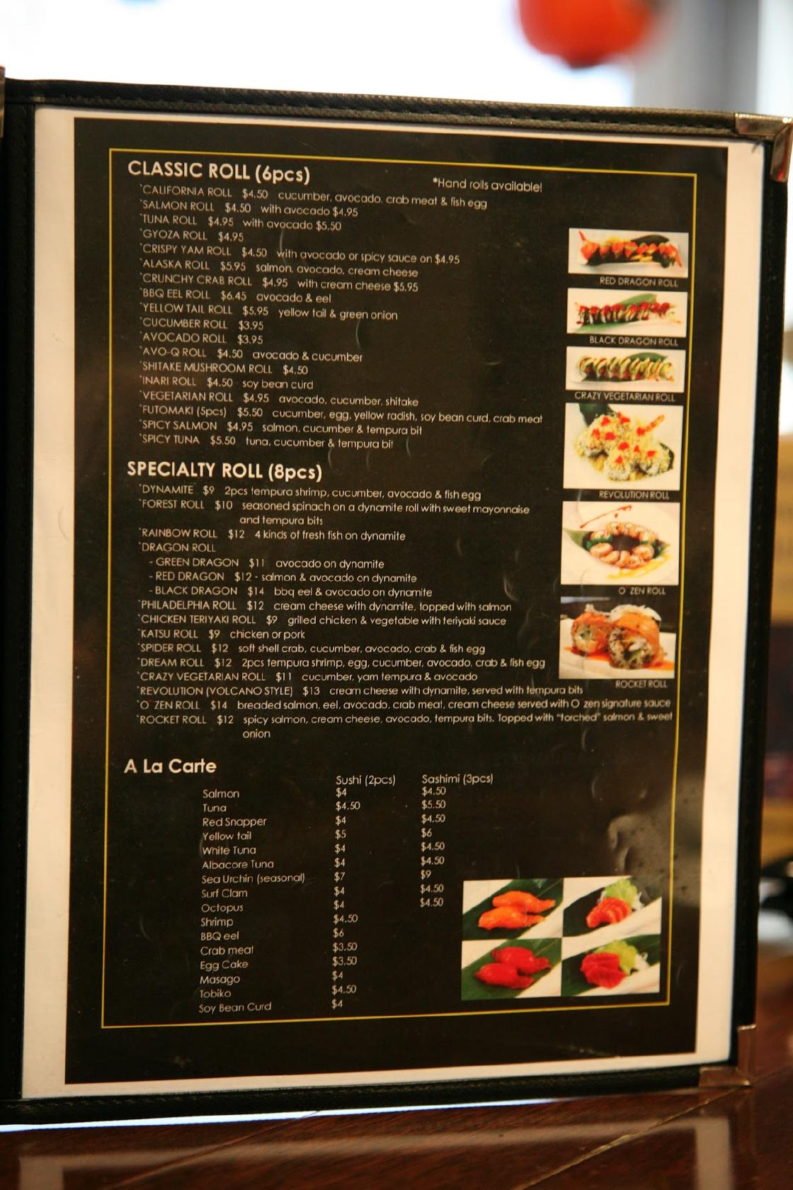 Menu at OZEN SUSHI restaurant, London, 607 Richmond St
