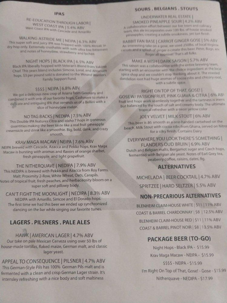 Menu at Precarious Beer Project pub & bar, Williamsburg