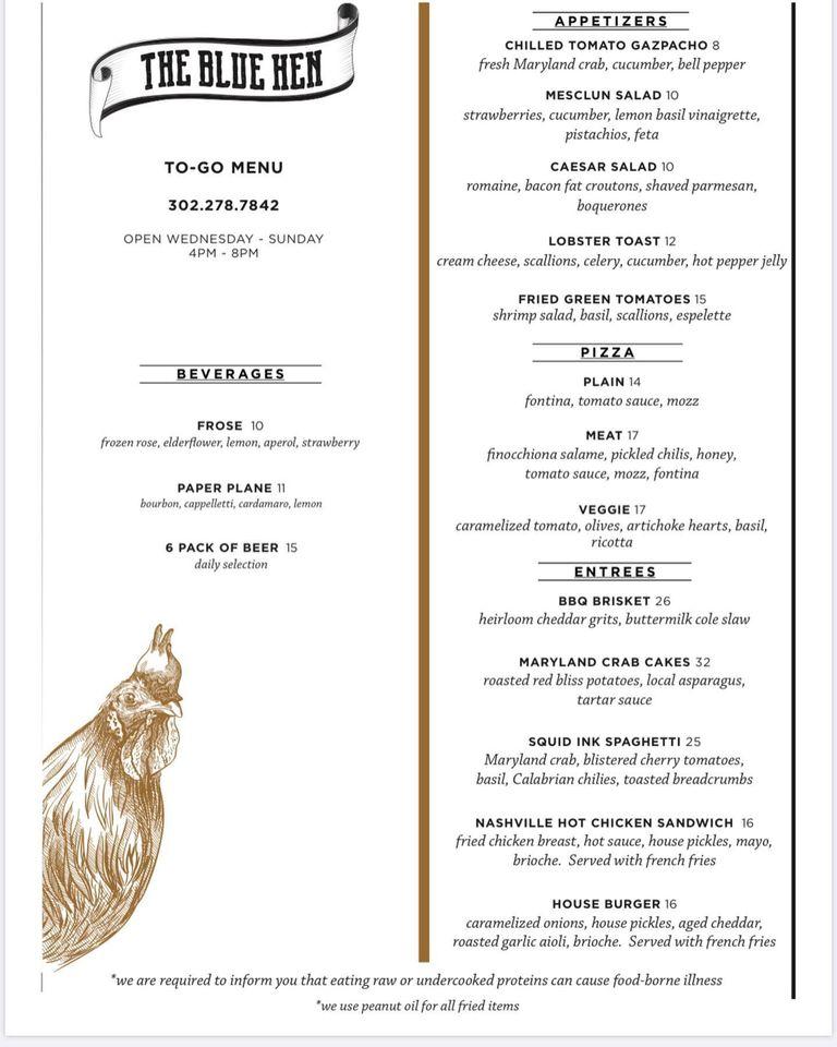 Menu at The Blue Hen pub & bar, Rehoboth Beach