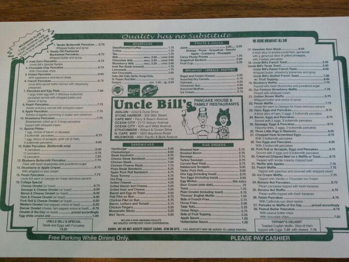 Menu at Uncle Bill's Pancake House restaurant, Wildwood