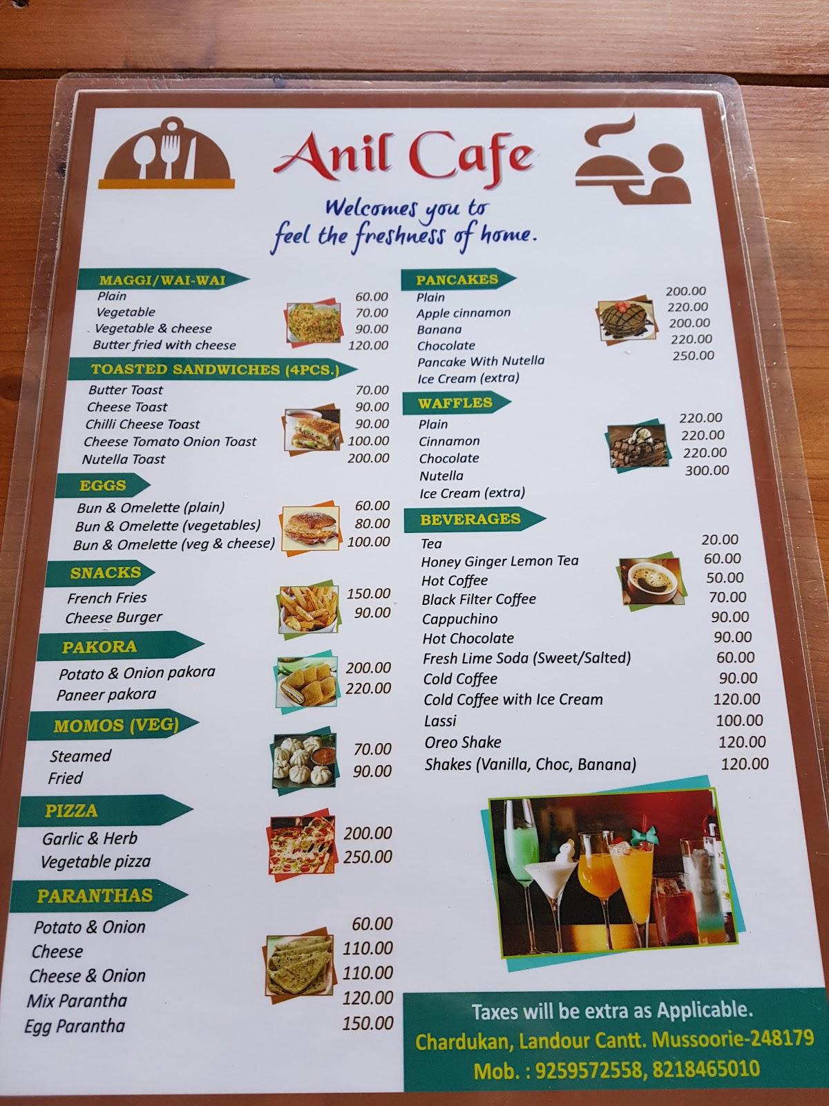 Menu at Anil's Cafe, Mussoorie