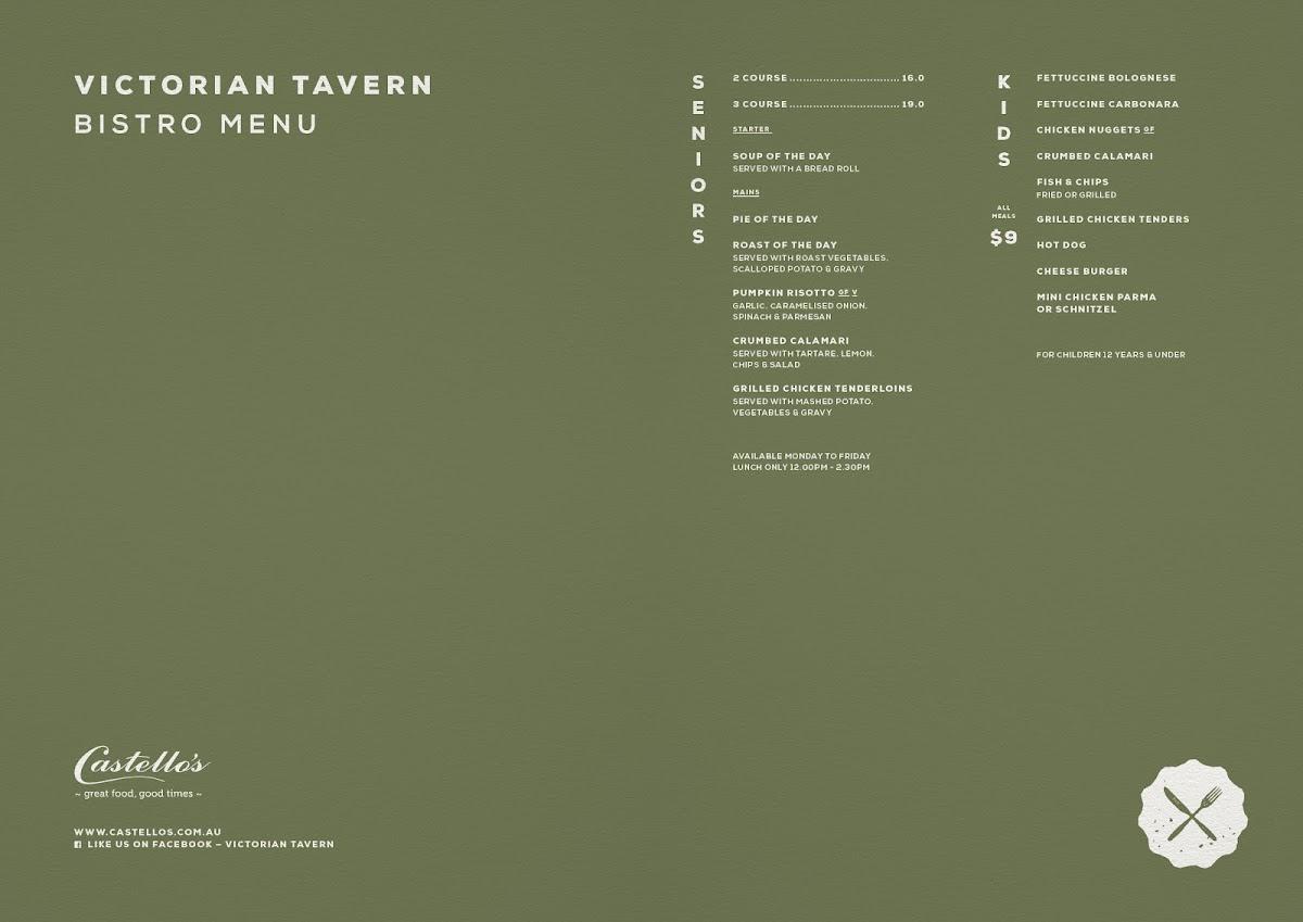 Menu at Castello's Victorian Tavern pub & bar, Gisborne