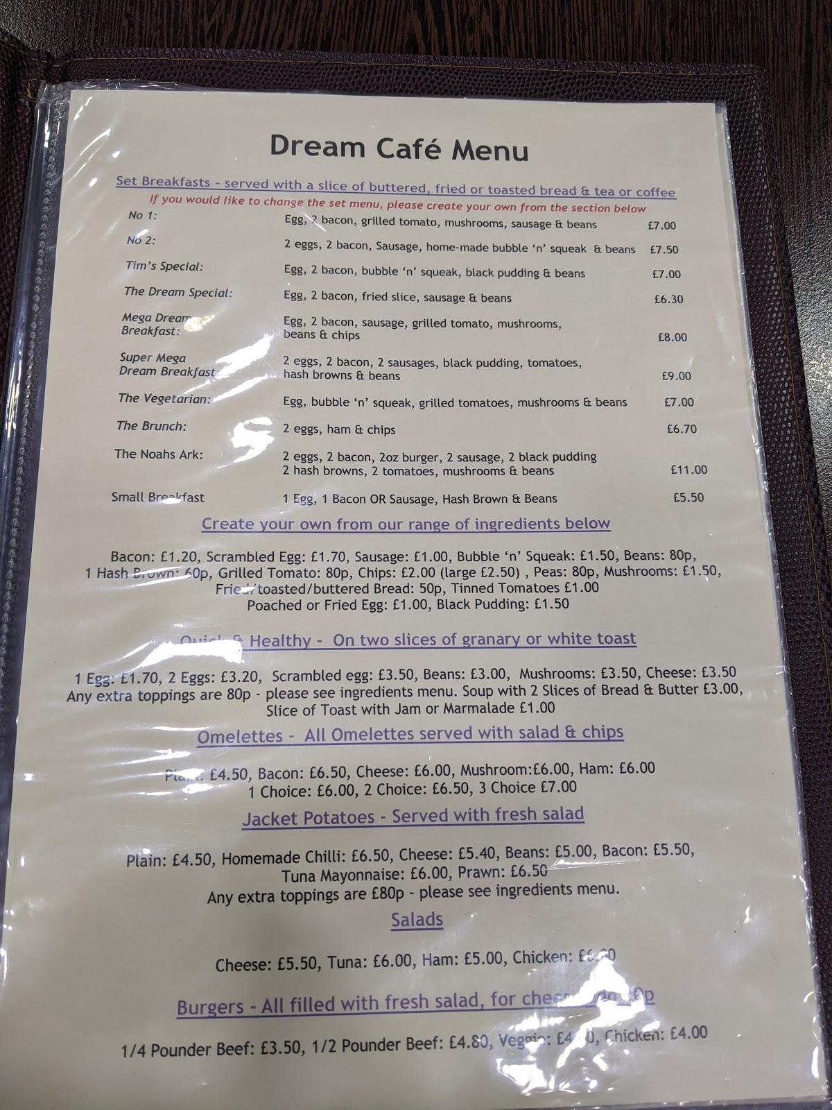 Menu at Dream Cafe, Bristol