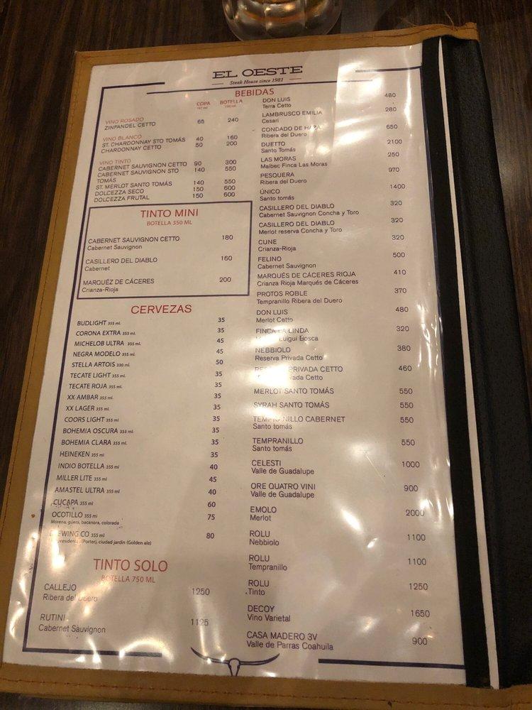 Carta de parrilla El Oeste, Heroica Guaymas, Blvd García López Armida Hotel