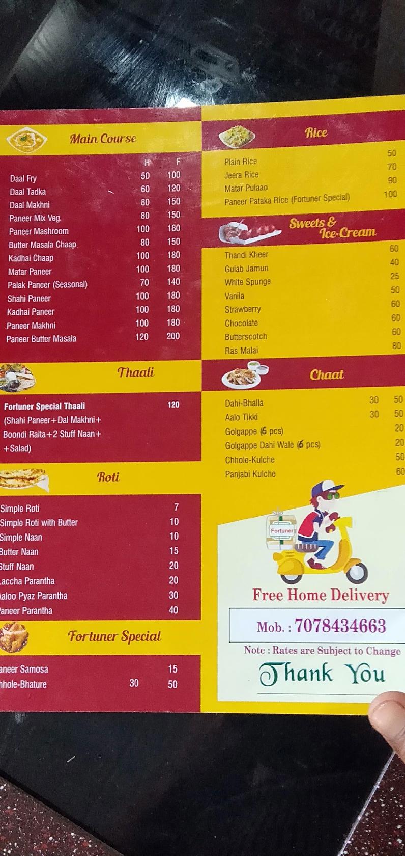 Menu at Fortuner restaurant, Baraut